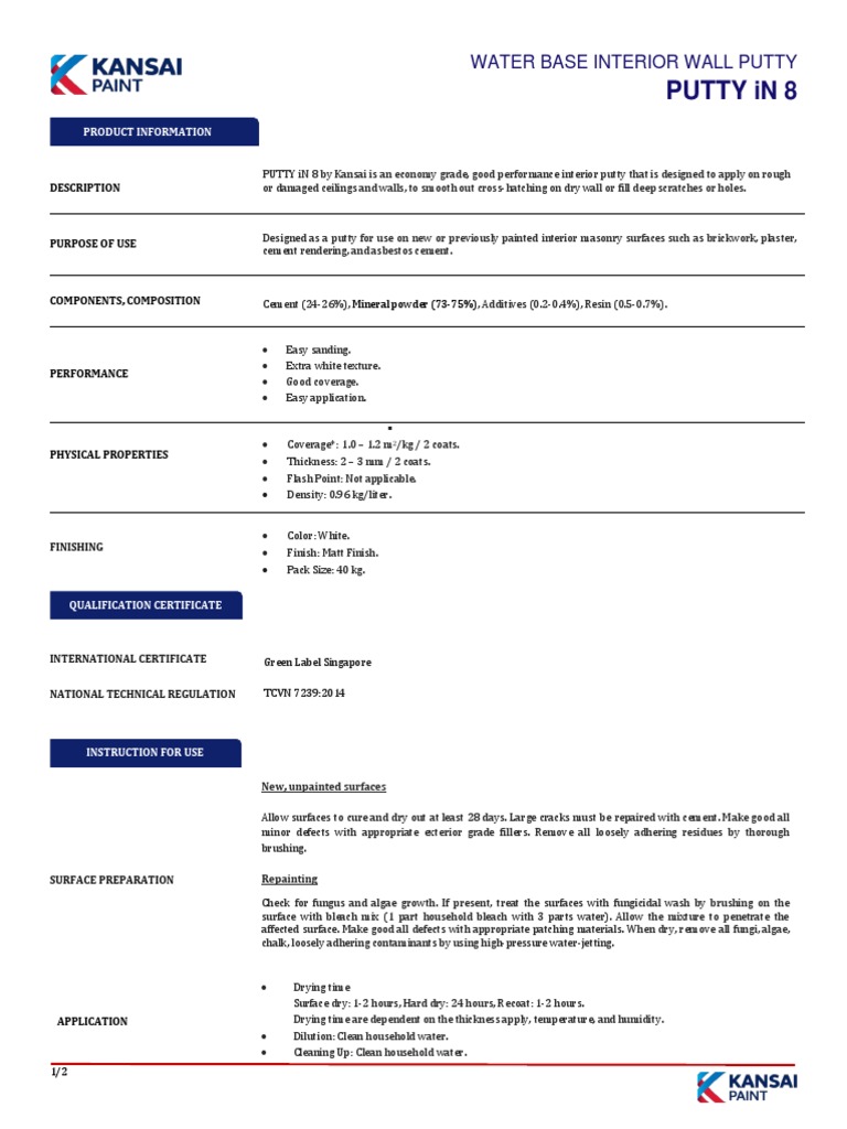 Putty: Water Base Interior Wall Putty | PDF | Plaster | Paint