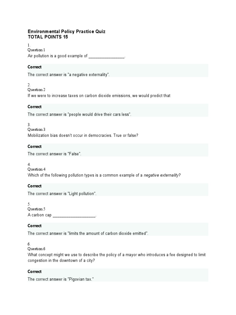 Environmental Policy Quiz Insights | PDF | Externality | Carbon Tax