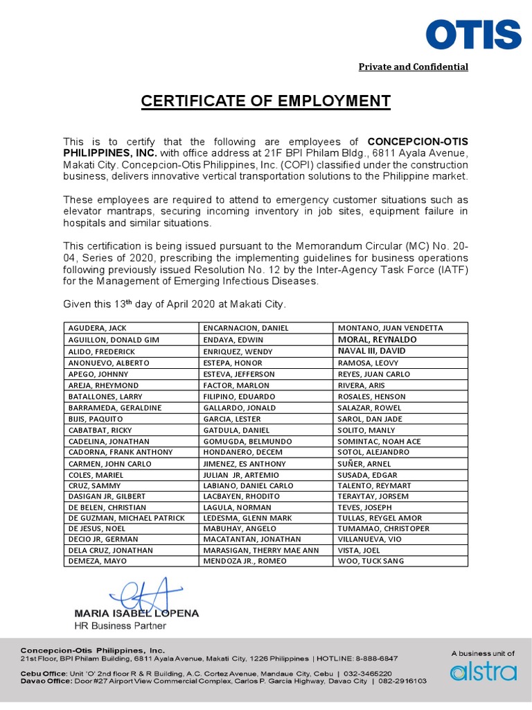 Certificate of Employment: PHILIPPINES, INC. With Office Address at 21F ...