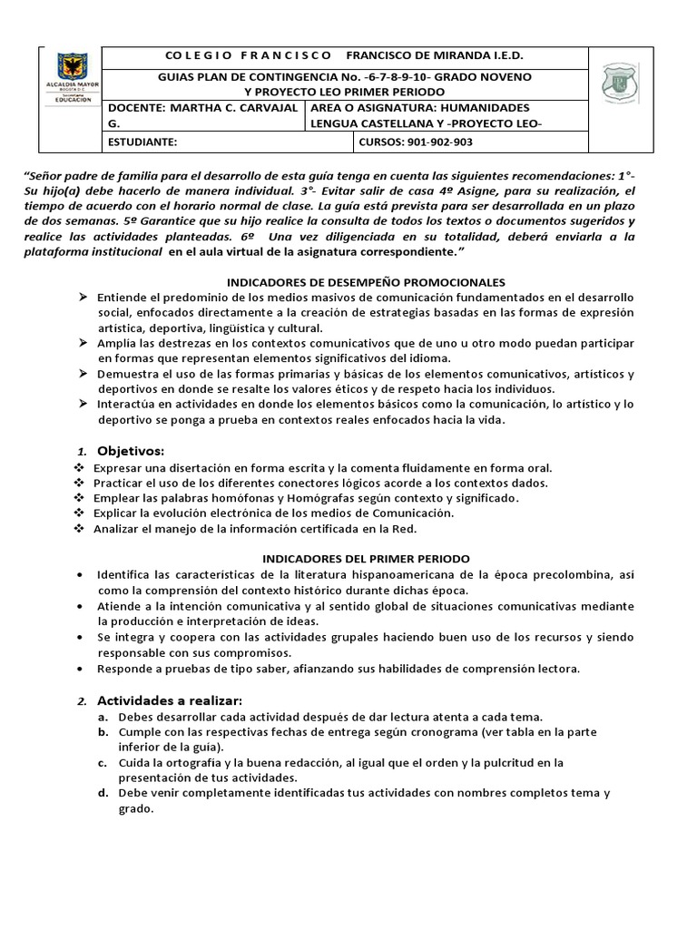 Guía 2 Lengua Castellana y Leo - 901-902-903 - Tres Semanas-2021 Mccarvajalg | PDF | Chat en ...