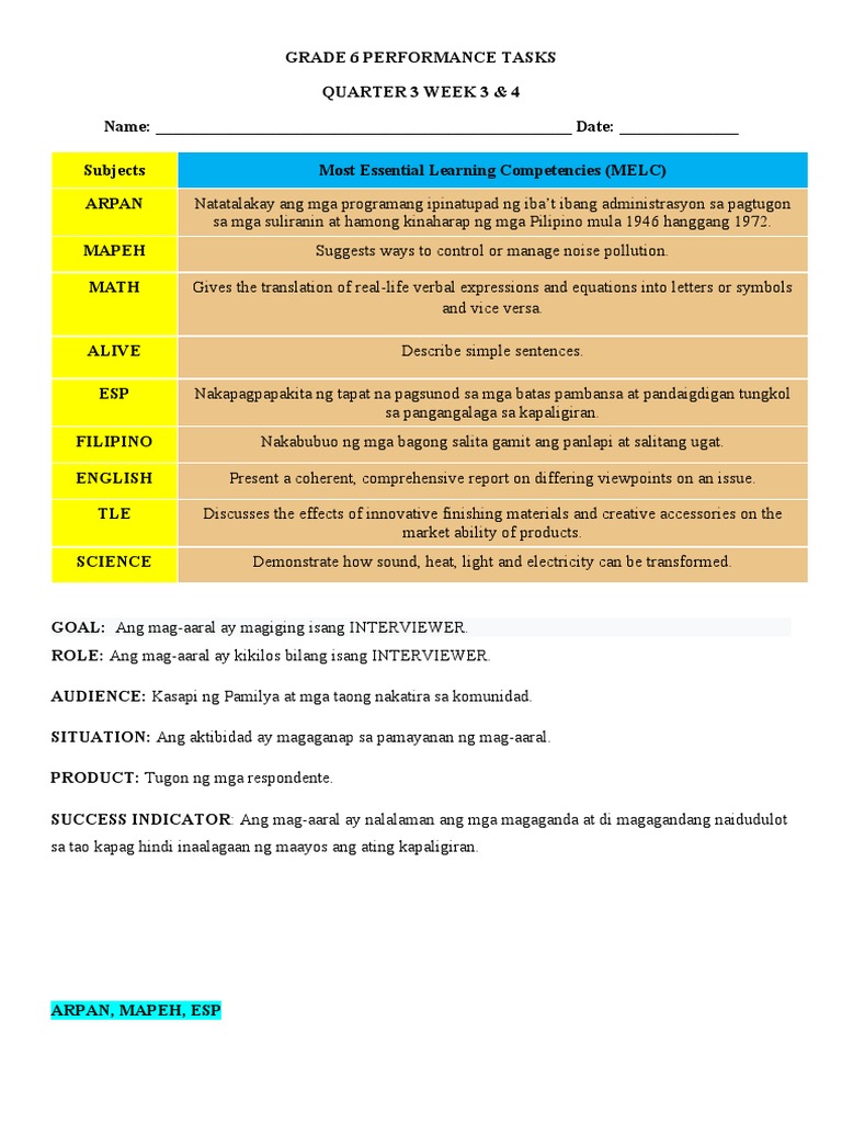 Grade 6 Performance Tasks Q3 | PDF