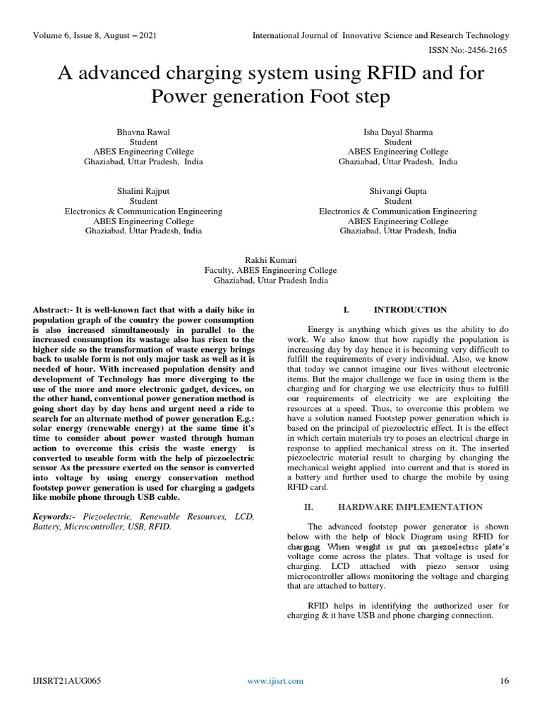 A Advanced Charging System Using RFID and For Power Generation Foot ...