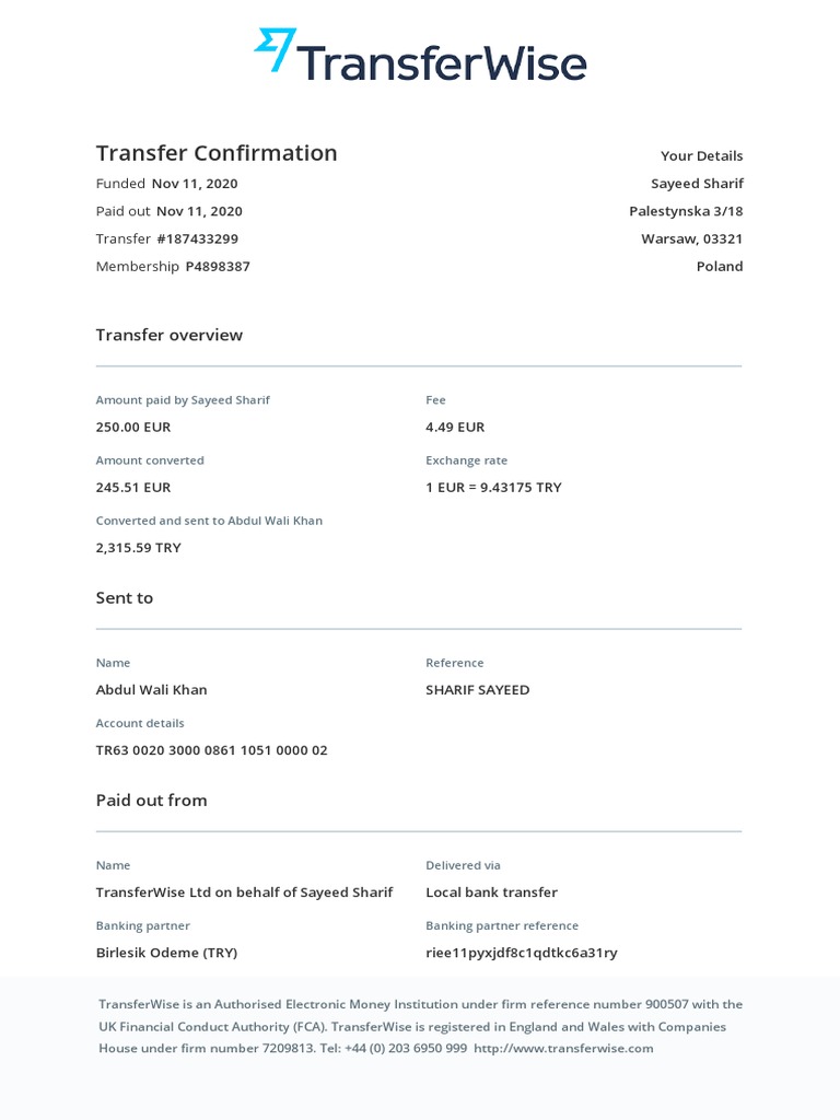 TransferWise Payment Confirmation Receipt | PDF