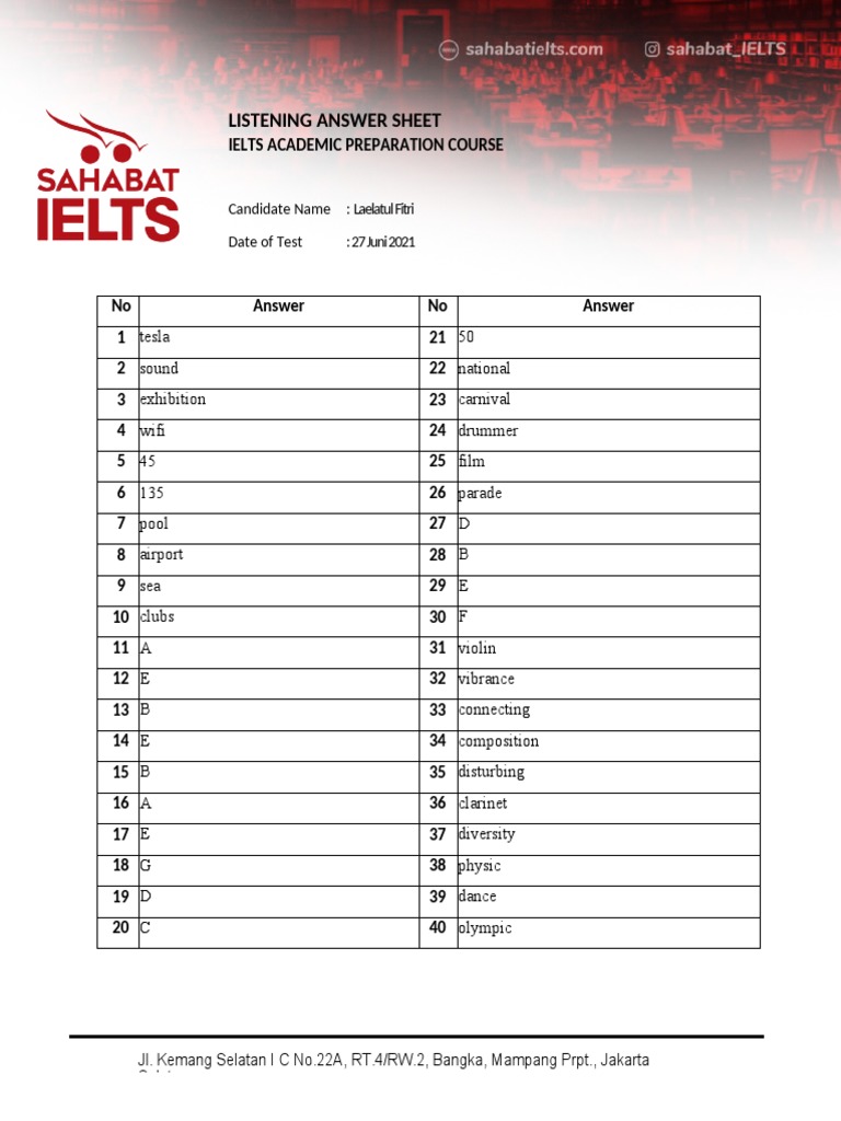 IELTS Listening and Reading Answer Sheets for Laelatul Fitri dated 27 ...