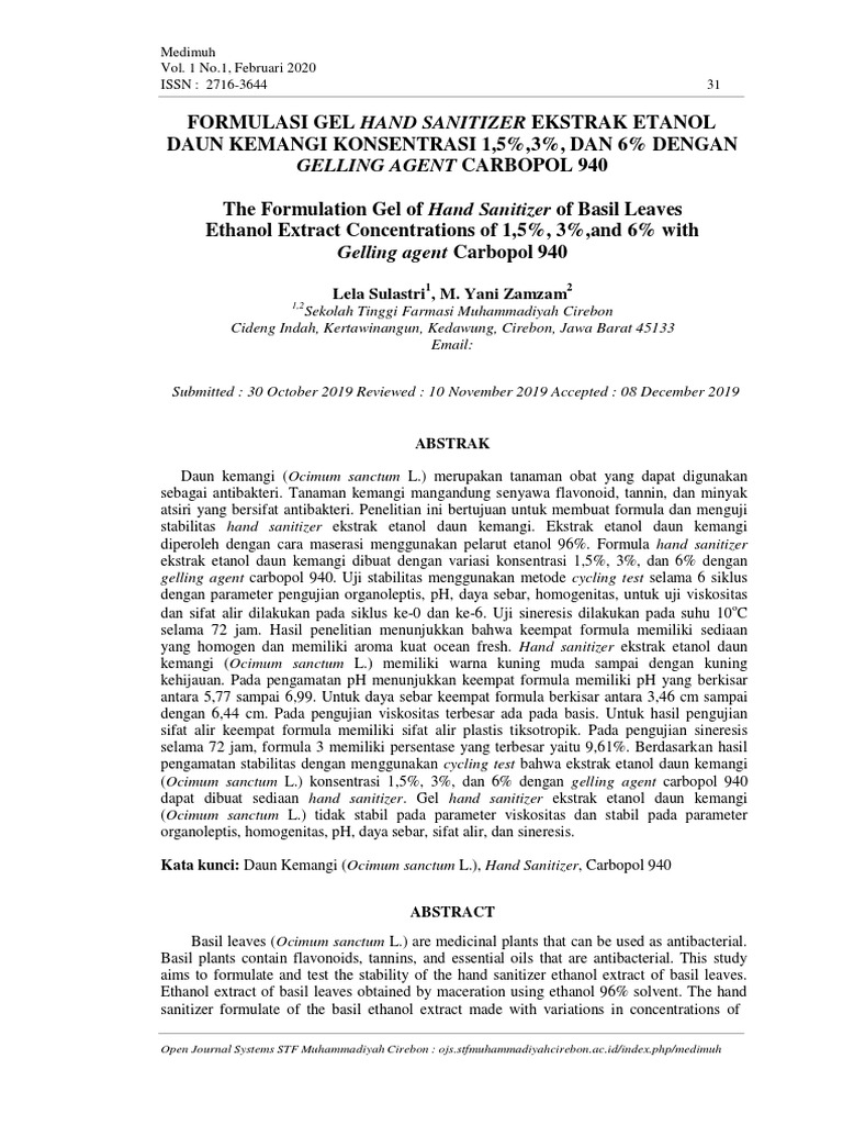 Formulasi Gel Hand Sanitizer Ekstrak Etanol Daun Kemangi dengan Variasi ...