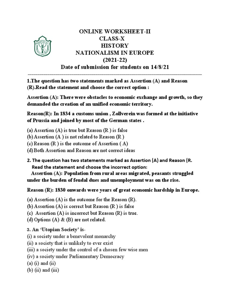 Online Worksheet-Ii Class-X History Nationalism in Europe (2021-22 ...