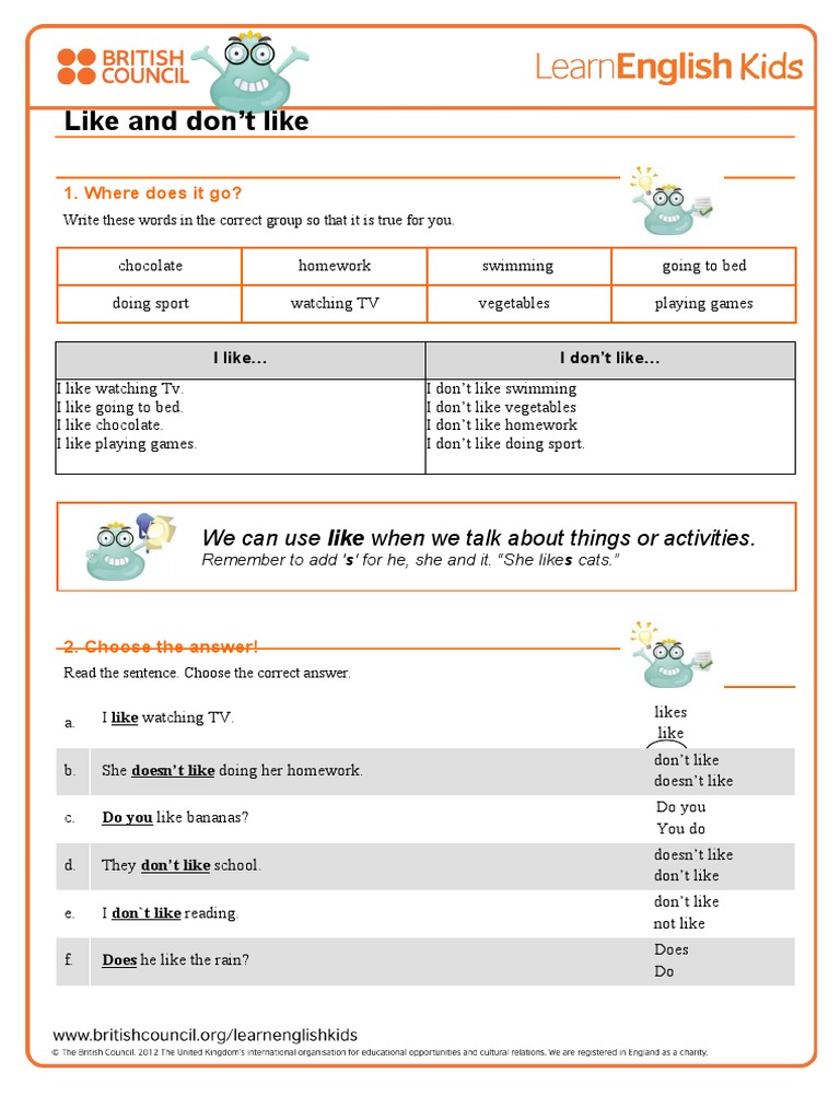 Grammar Games Like and Dont Like Worksheet | PDF | Linguistics | Cognition