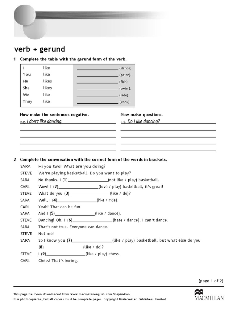 Worksheet 11: Verb + Gerund | PDF