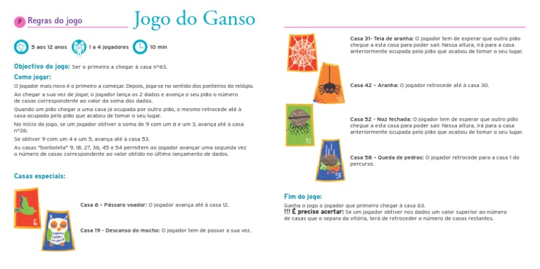 Regras e objetivo do jogo de tabuleiro "Jogo do Ganso | PDF
