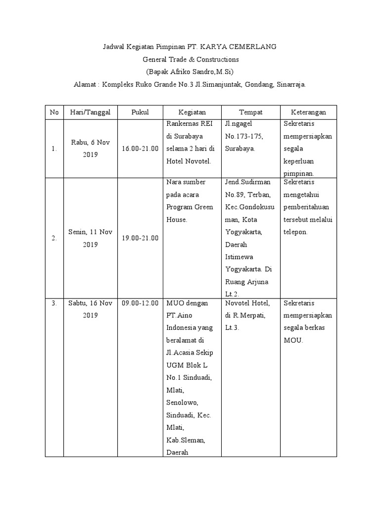 Jadwal Kegiatan Pimpinan Madan | PDF
