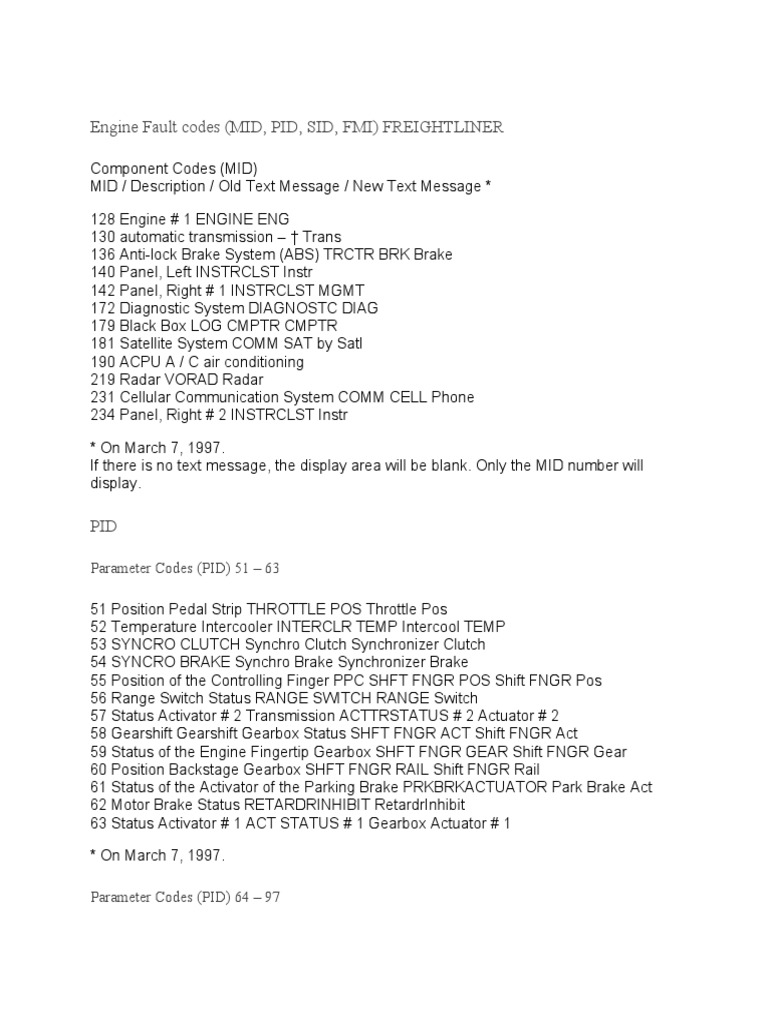 Engine Fault Codes (MID, PID, SID, FMI) FREIGHTLINER | PDF ...