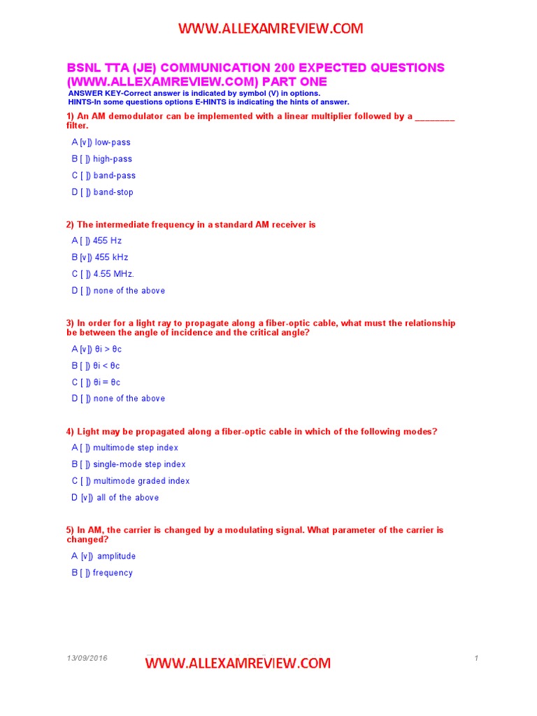 BSNL Tta (Je) Communication 200 Expected Questions | PDF | Frequency Modulation | Modulation