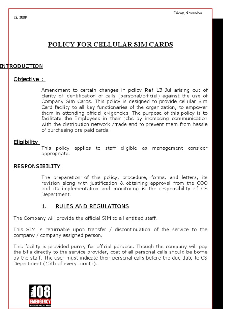 POLICY FOR CELLULAR SIM CARDS | Government | Politics