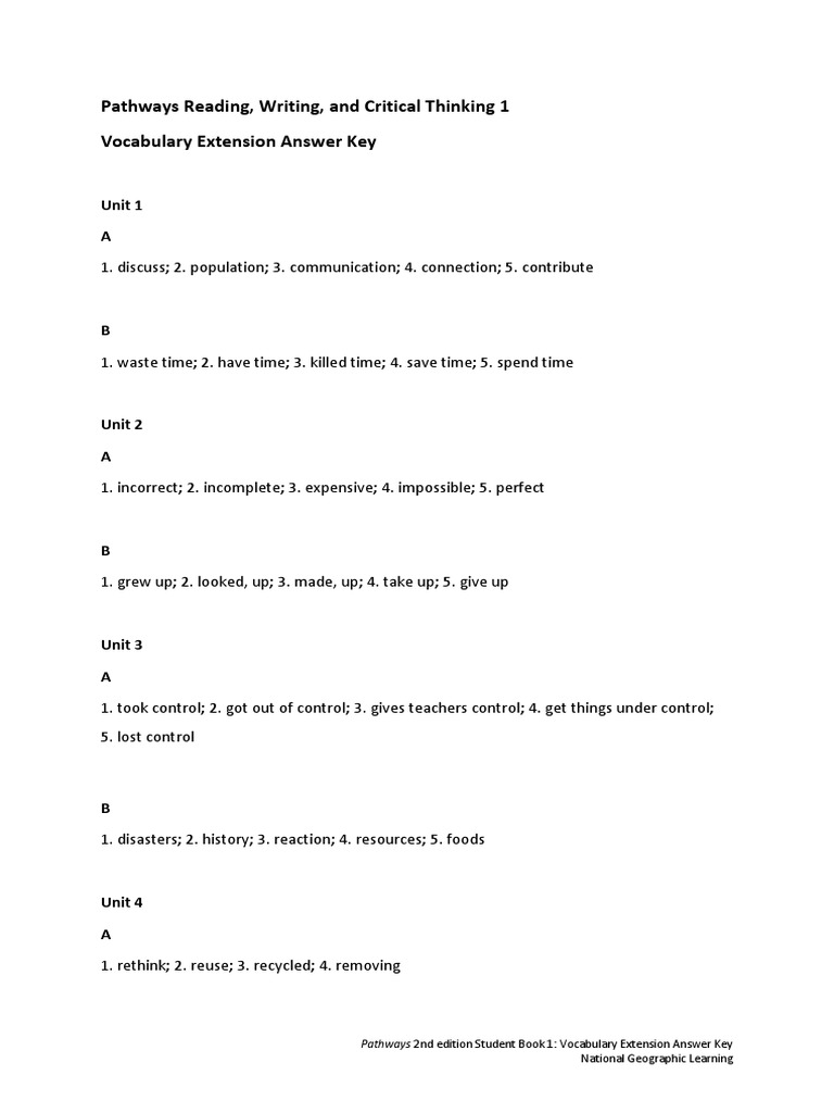 Pathways RW 1 Vocabulary Extension Answer Key | PDF
