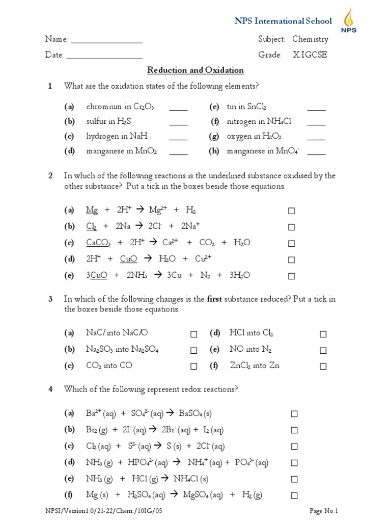 Oxidation and Reduction Ws | PDF | Redox | Chemical Reactions