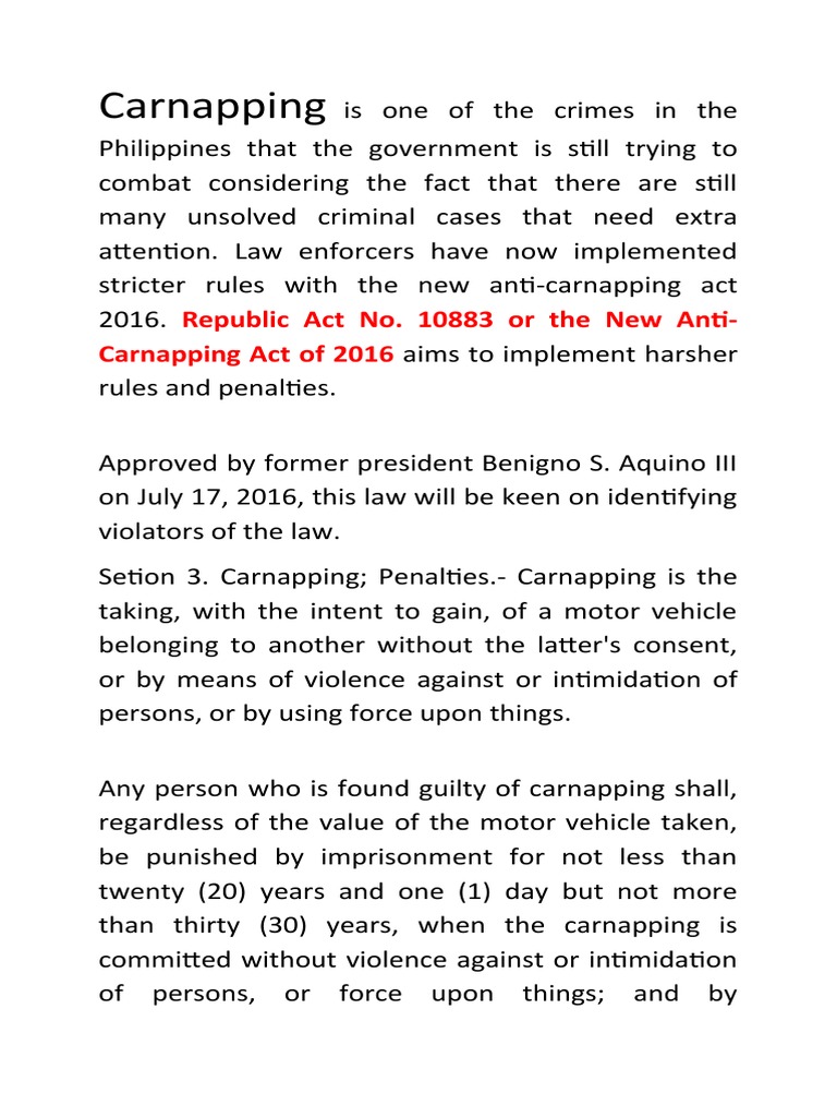 Carnapping: Republic Act No. 10883 or The New Anti-Carnapping Act of ...