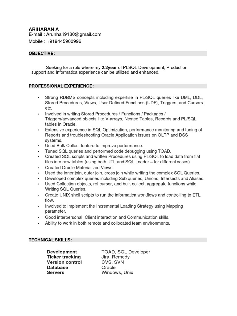 Ariharan PLSQL Resume.. | PDF | Pl/Sql | Sql