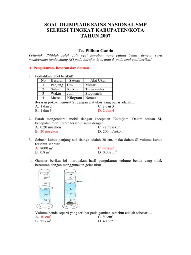 Soal Olimpiade Sains Nasional SMP Seleksi Tingkat Kabupaten - Kota Tahun 2007 | PDF | Metode ...
