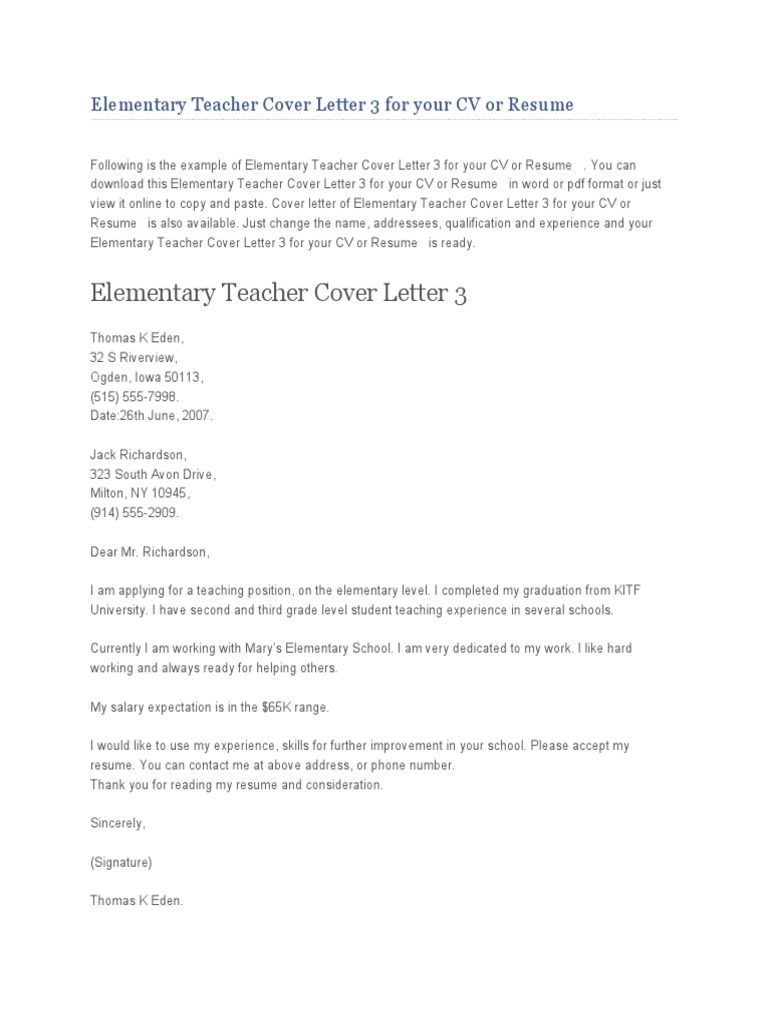Elementary Teacher Cover Letter | PDF | Career & Growth | Sports ...