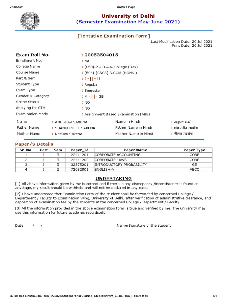 Examination Form SEM 2 | PDF