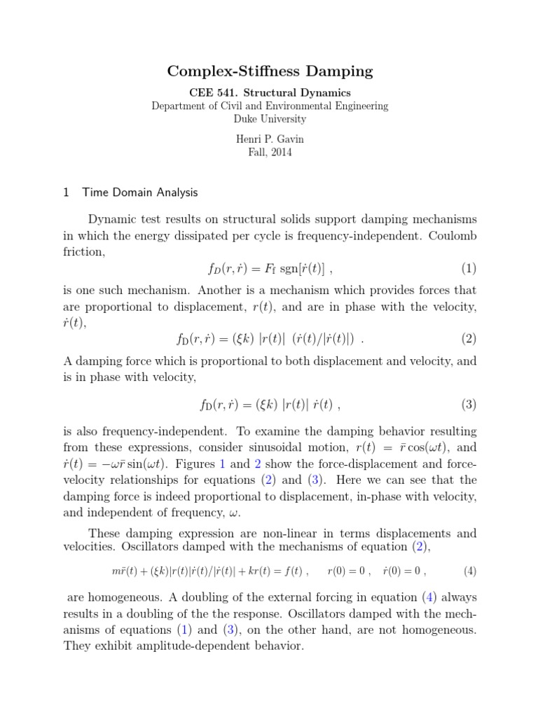 Complex-Stiffness Damping: Department of Civil and Environmental Engineering Duke University ...