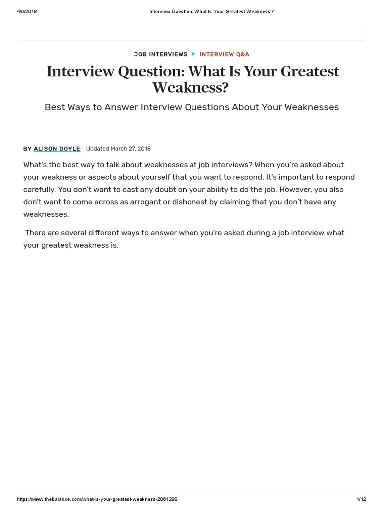 Interview Question - What Is Your Greatest Weakness | PDF | Job ...