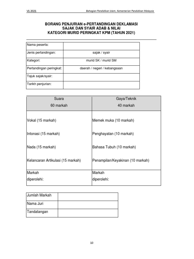 Borang Markah Peserta Syair | PDF