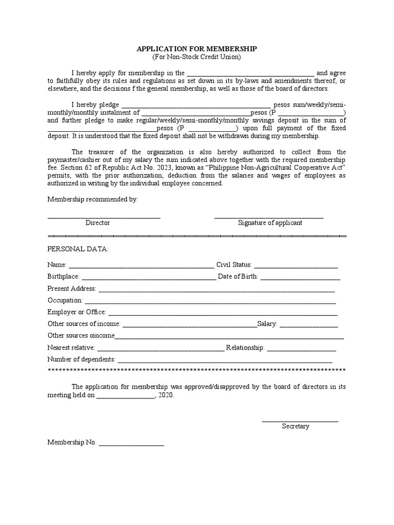 APPLICATION FOR MEMBERSHIP-coop | PDF | Employment | Board Of Directors