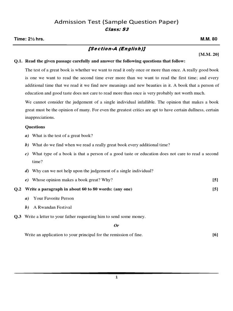 Admission Test (Sample Question Paper) : (Section-A (English) ) | PDF