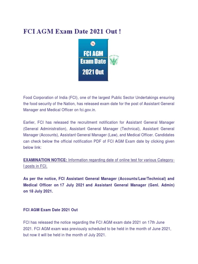 FCI AGM Exam Date 2021 Out | PDF