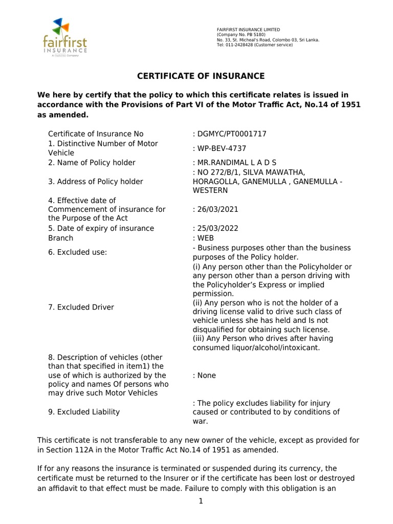 WP-BEV-4737 TP 202103261535 Motor Certificate | PDF | Insurance ...
