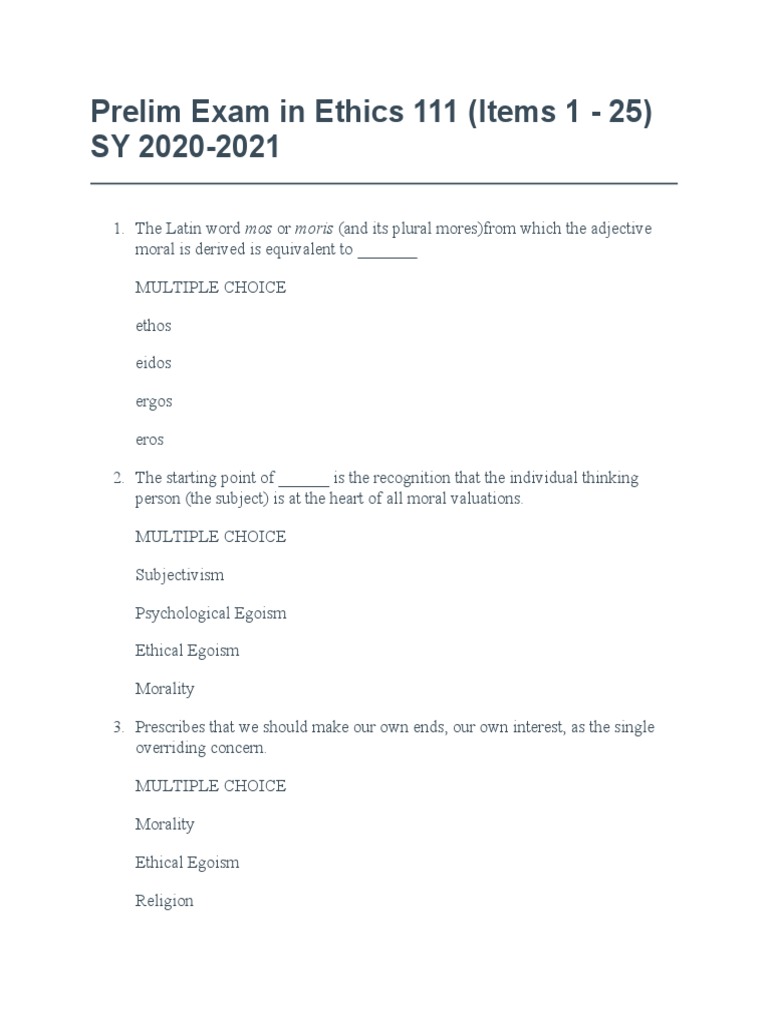 Prelim Exam in Ethics 111 Part 1 | PDF | Morality | Choice