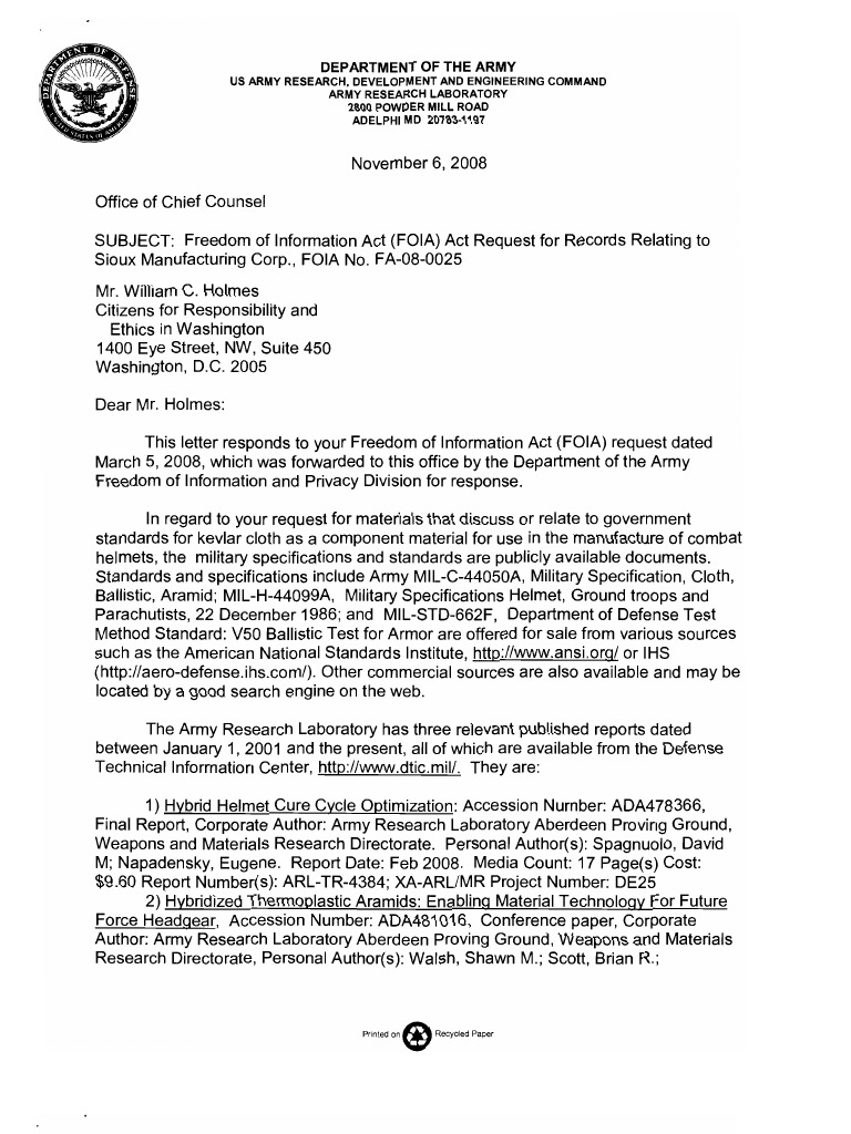 CREW: Department of the Army: Regarding Substandard Kevlar Helmets for ...