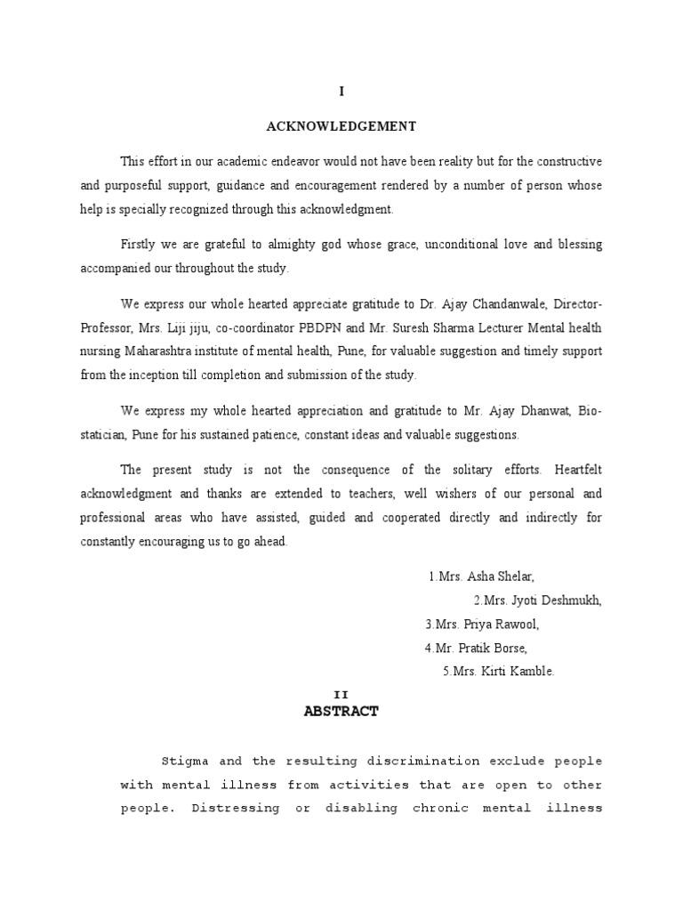 Acknowledgement, Abstract | PDF | Social Stigma | Mental Disorder