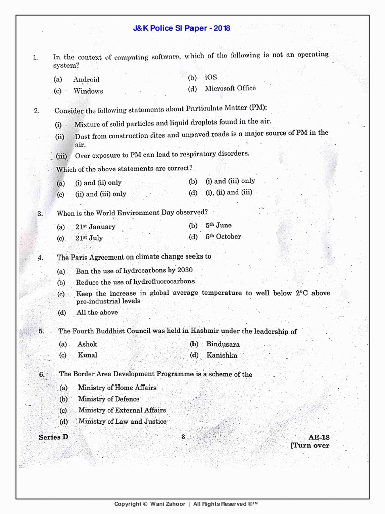 JK POLICE SI PAPER With Key 2018 | PDF
