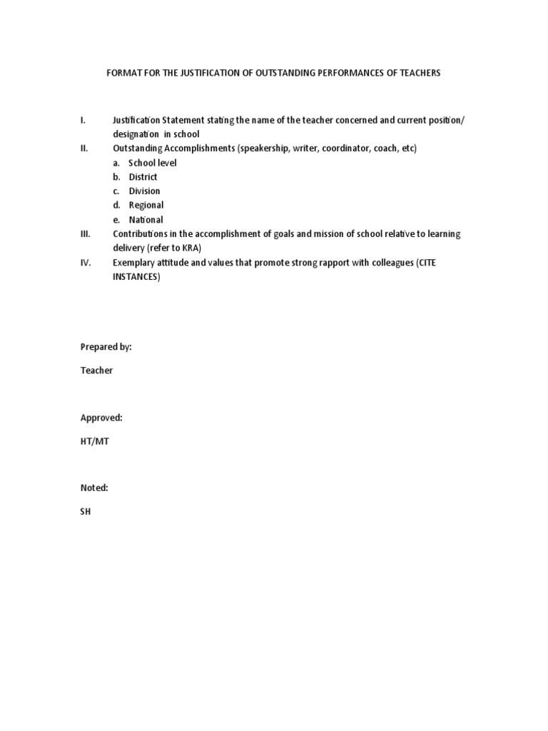 Format For The Justification of Outstanding Performances of Teachers | PDF