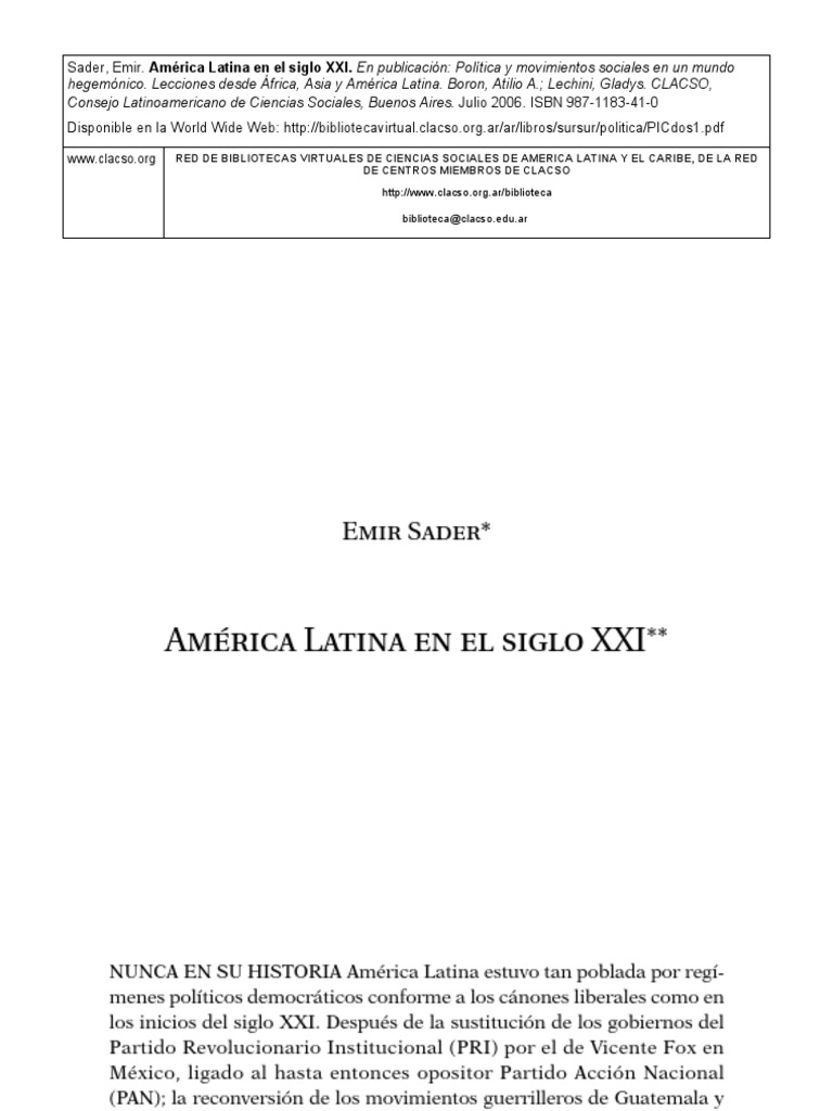 Emir Sader - América Latina en El Siglo XXI | PDF | Política del ala ...