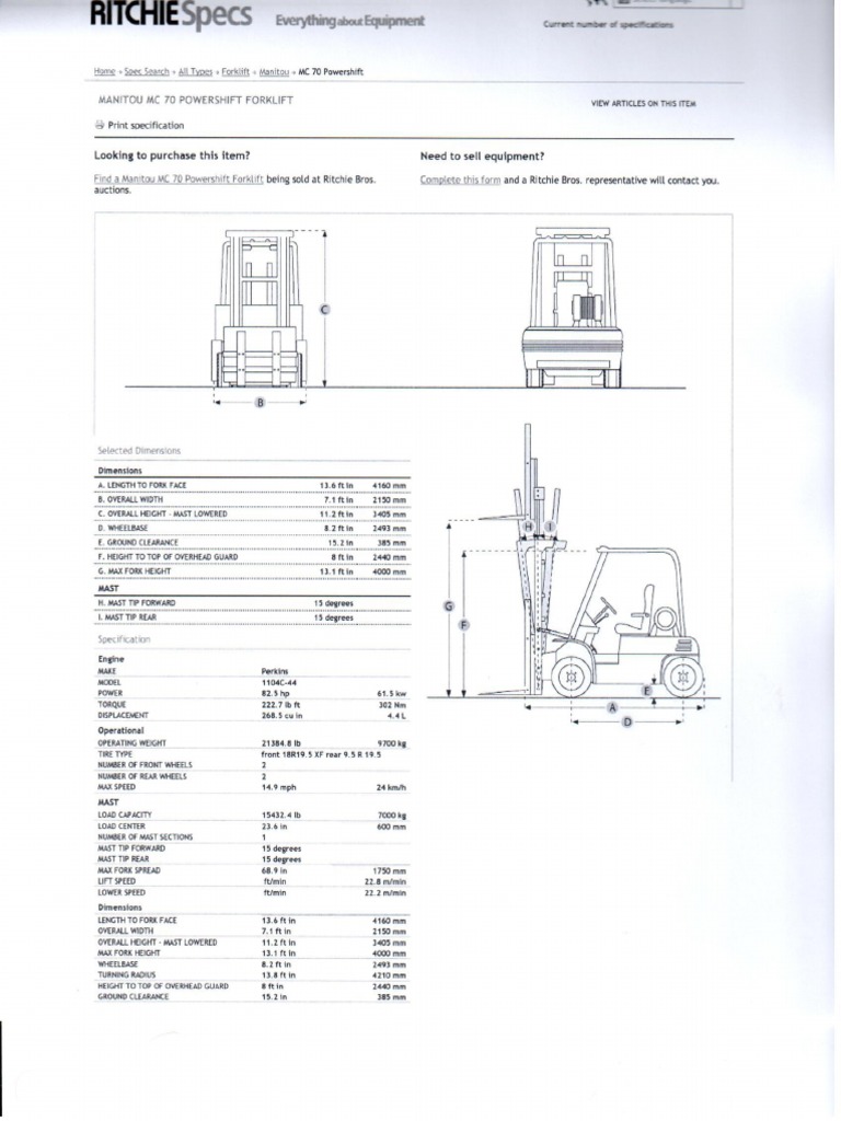 Specs - Manitou MC 70 Powershift Forklift | PDF