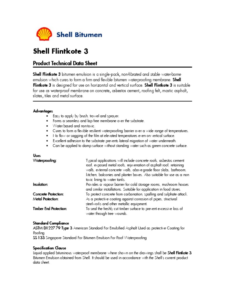 Shell Flintkote 3: Product Technical Data Sheet | PDF | Asphalt | Roof