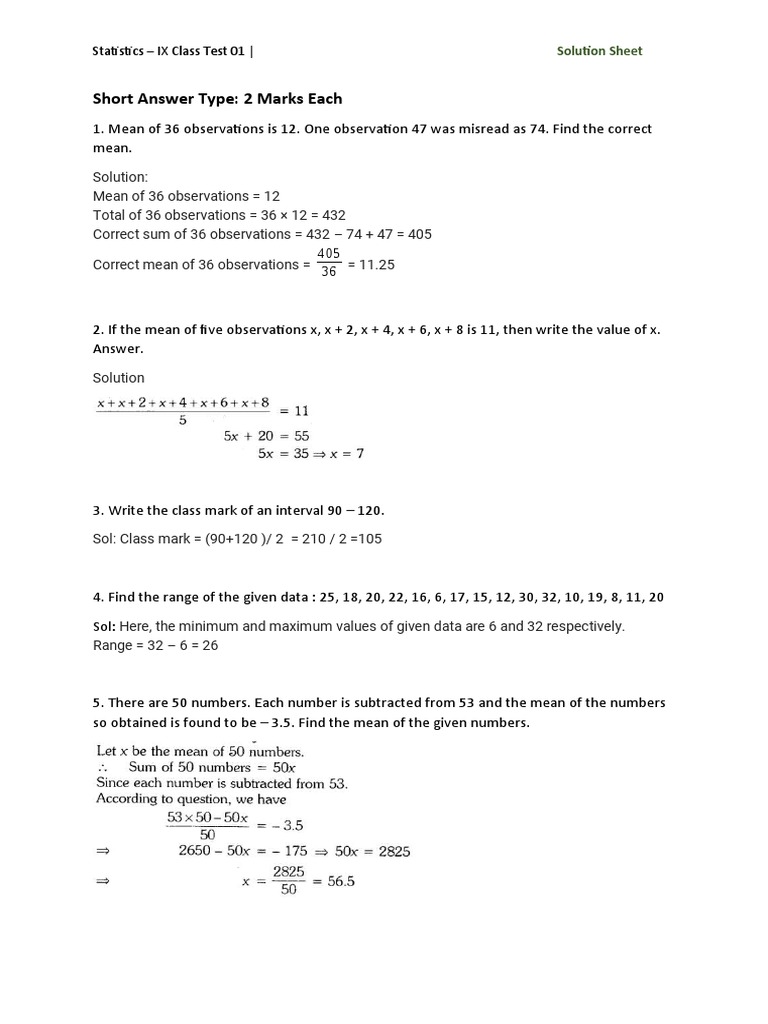 Short Answer Type: 2 Marks Each: Statistics - IX Class Test 01 | PDF ...