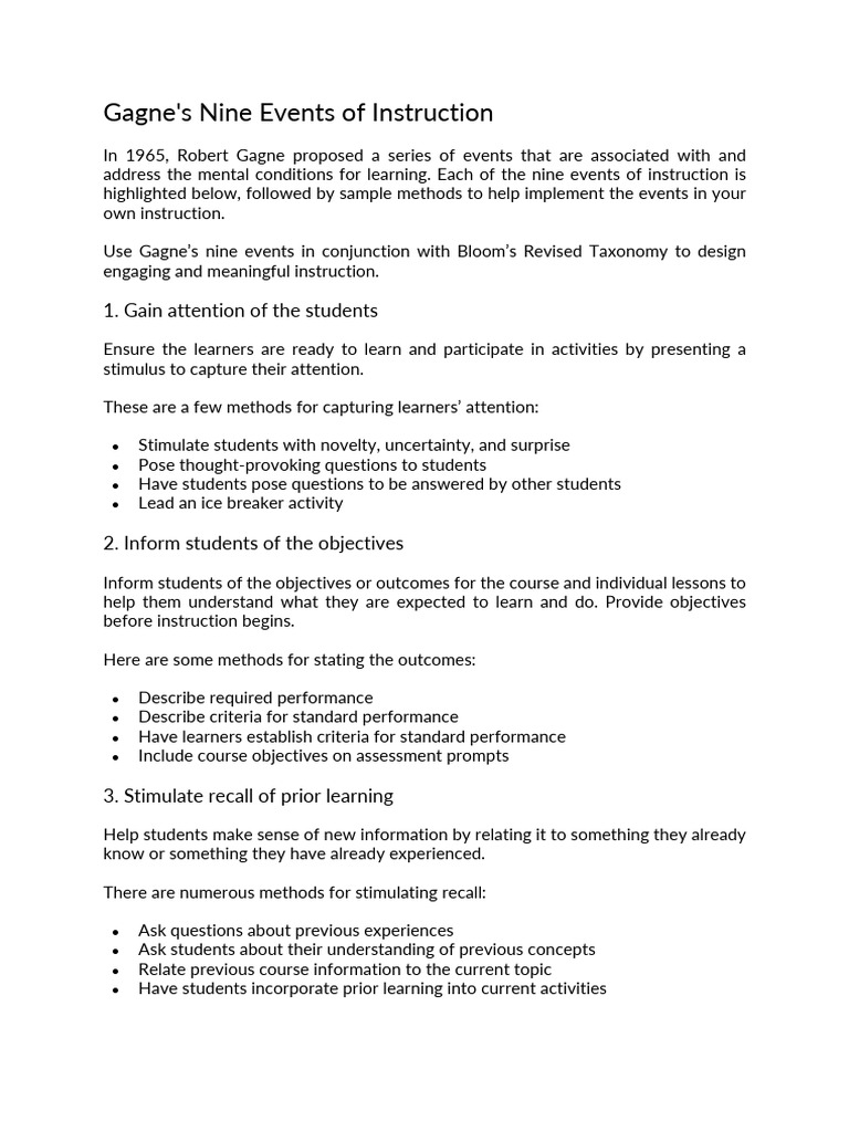 Gagne's Nine Events of Instruction Guide | PDF | Learning | Educational ...
