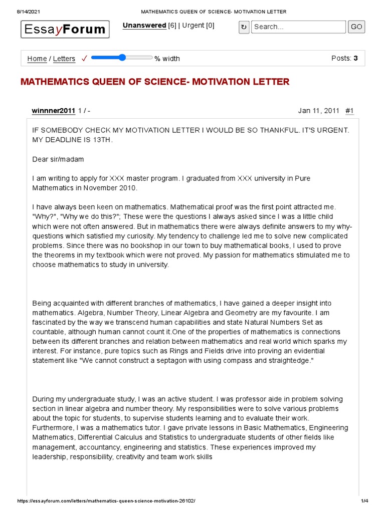 Mathematics Queen of Science - Motivation Letter | PDF | Mathematics ...