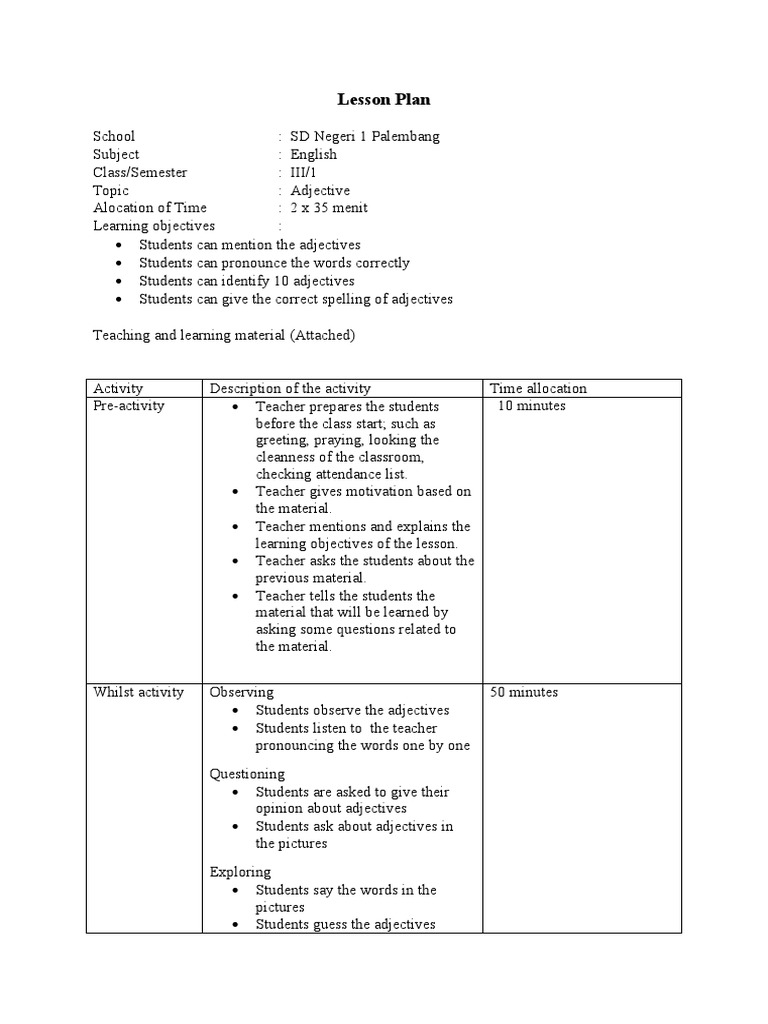 Lesson Plan Adjective | PDF | Teachers | Lesson Plan