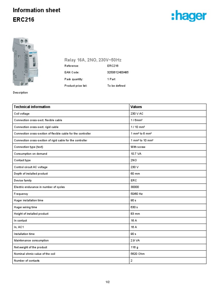Information Sheet ERC216: Relay 16A, 2NO, 230V 50Hz | PDF | Alternating ...