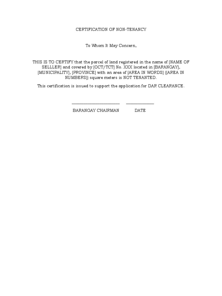 Barangay Certification of Non Tenancy | PDF