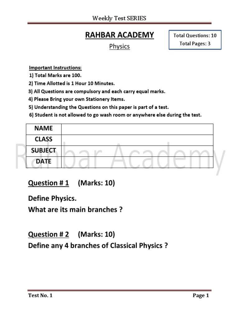 9th Class Physics Test 1 | PDF | Teaching Methods & Materials