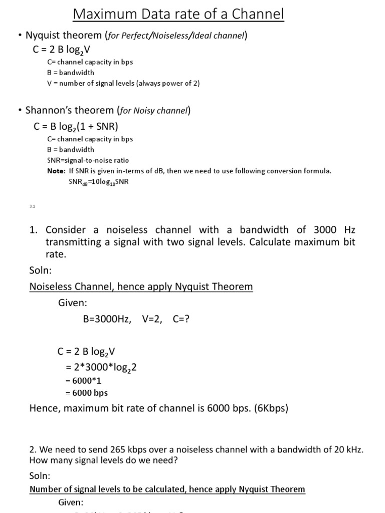 Maximum Data Rate of A Channel: - Nyquist Theorem C 2 B Log V | PDF | Signal To Noise Ratio ...