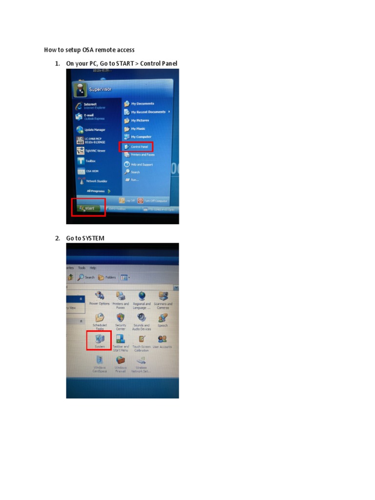 How To Setup OSA Remote Access 1. On Your PC, Go To START Control Panel ...