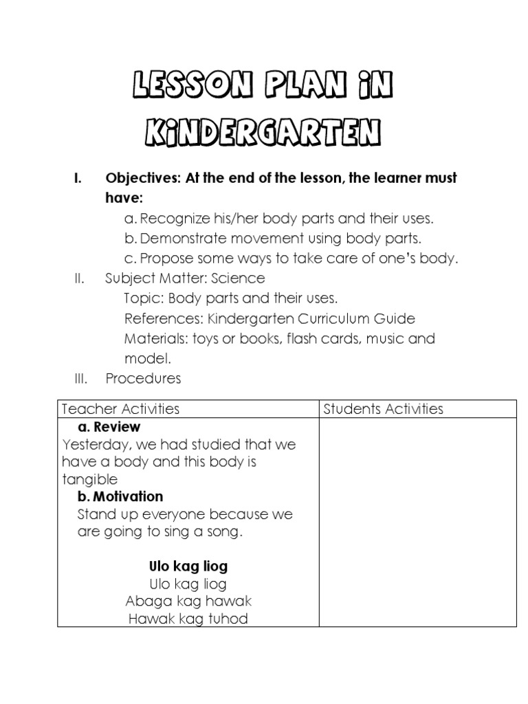 The Finals - Lesson Plan in Kindergarten | PDF | Lesson Plan ...