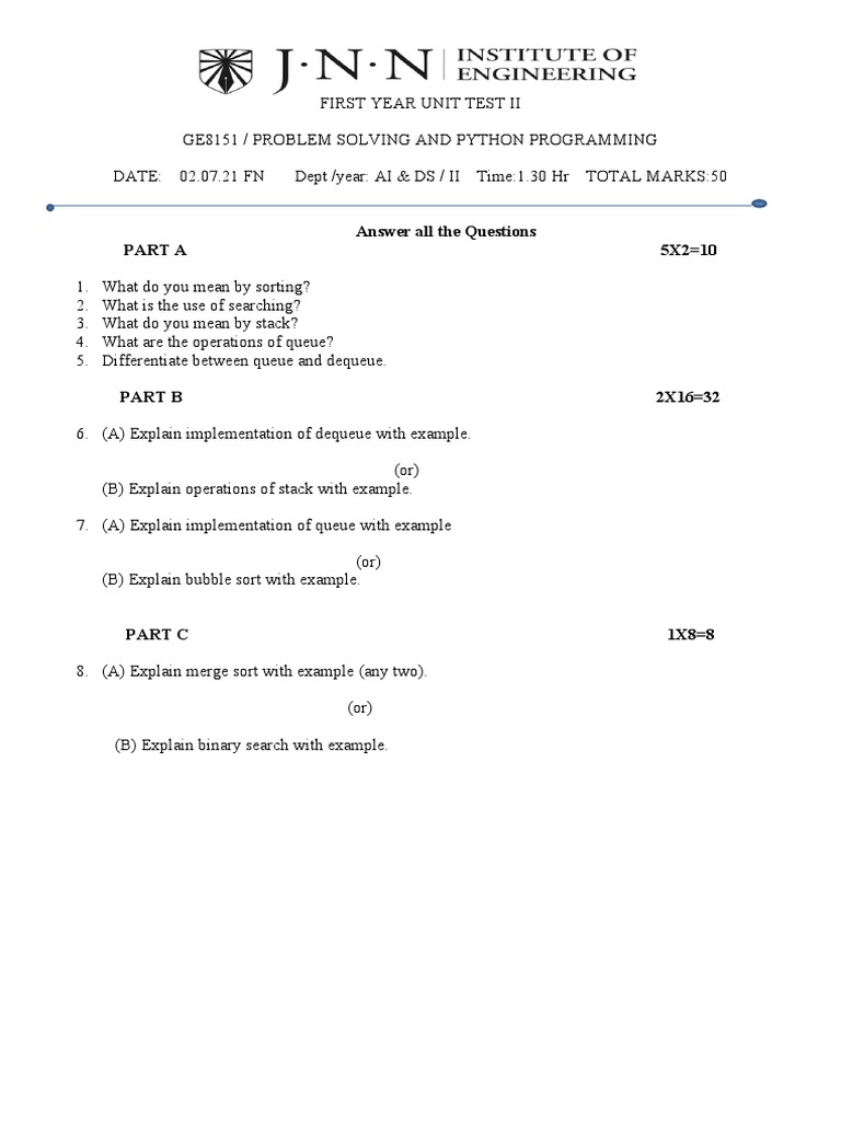 Unit Test - 1 DataStructure Design | PDF | Teaching Methods & Materials